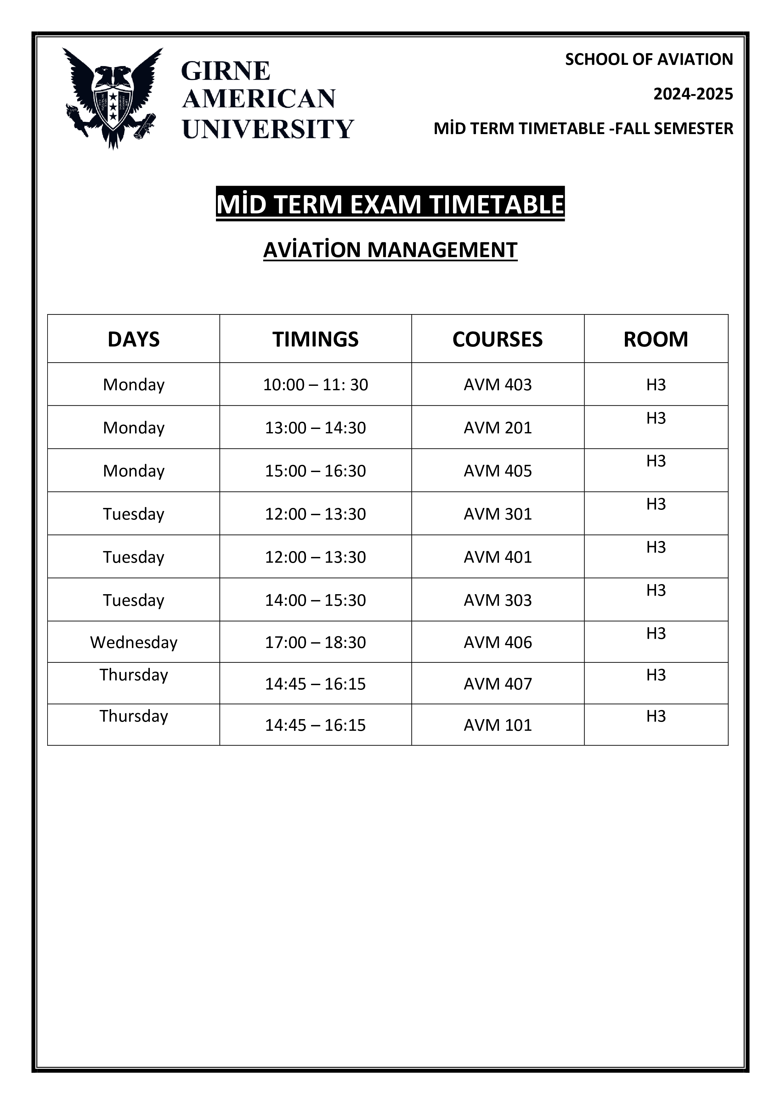 AVM Fall 2024-2025 Mid Term Exam Timetable