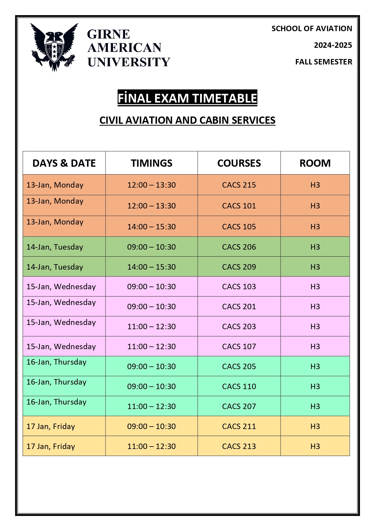 CACS Fınal Exam Schedule 2024-2025 Fall