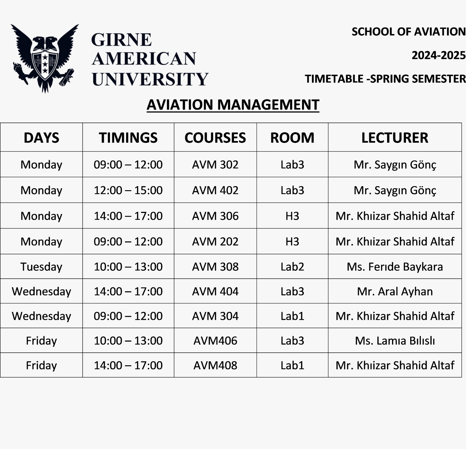 SPRING 2024-2025 AVM TIMETABLE